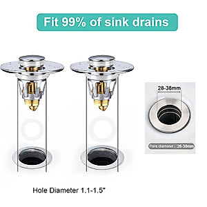 𝐁𝐚𝐭𝐡𝐫𝐨𝐨𝐦 𝐒𝐢𝐧𝐤 𝐒𝐭𝐨𝐩𝐩𝐞𝐫 Pop Up, Universal Spring Core 1.1~1.5” Drain Holes, Washbasin Water Head Leaking Stopper, Stainless Steel Bounce Core Push-Type Converter, Silver