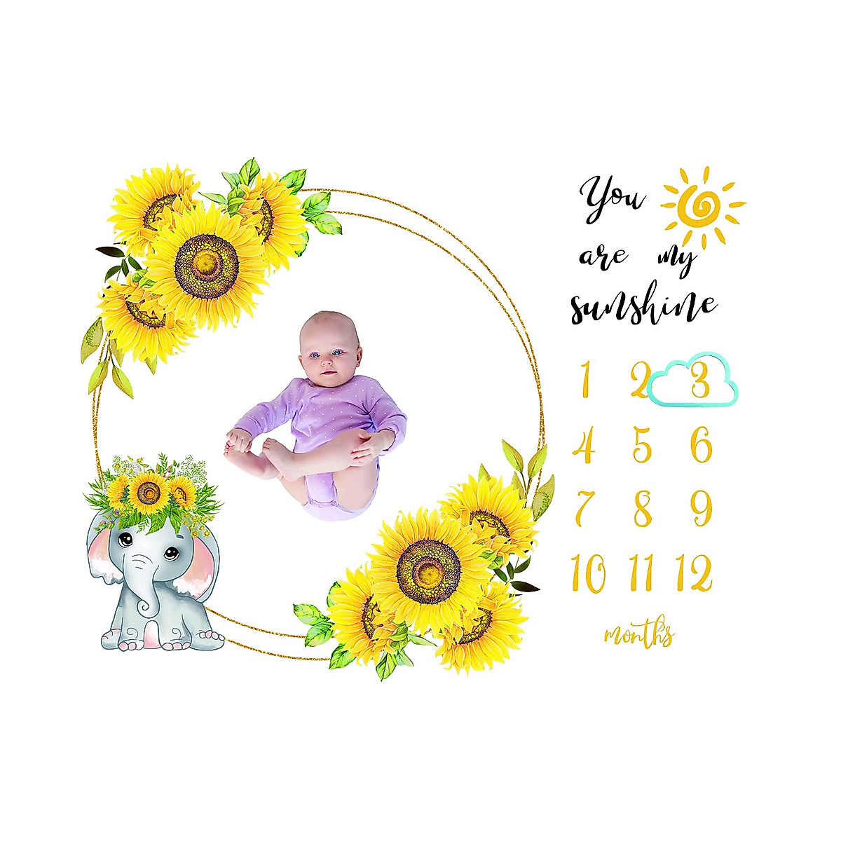 Elephant Milestone Blanket for Baby Girls Boys Soft Sunflower Photography Background Prop Monthly Milestone Trackers Growth Chart Blanket 60" x 40", Nursery Decor