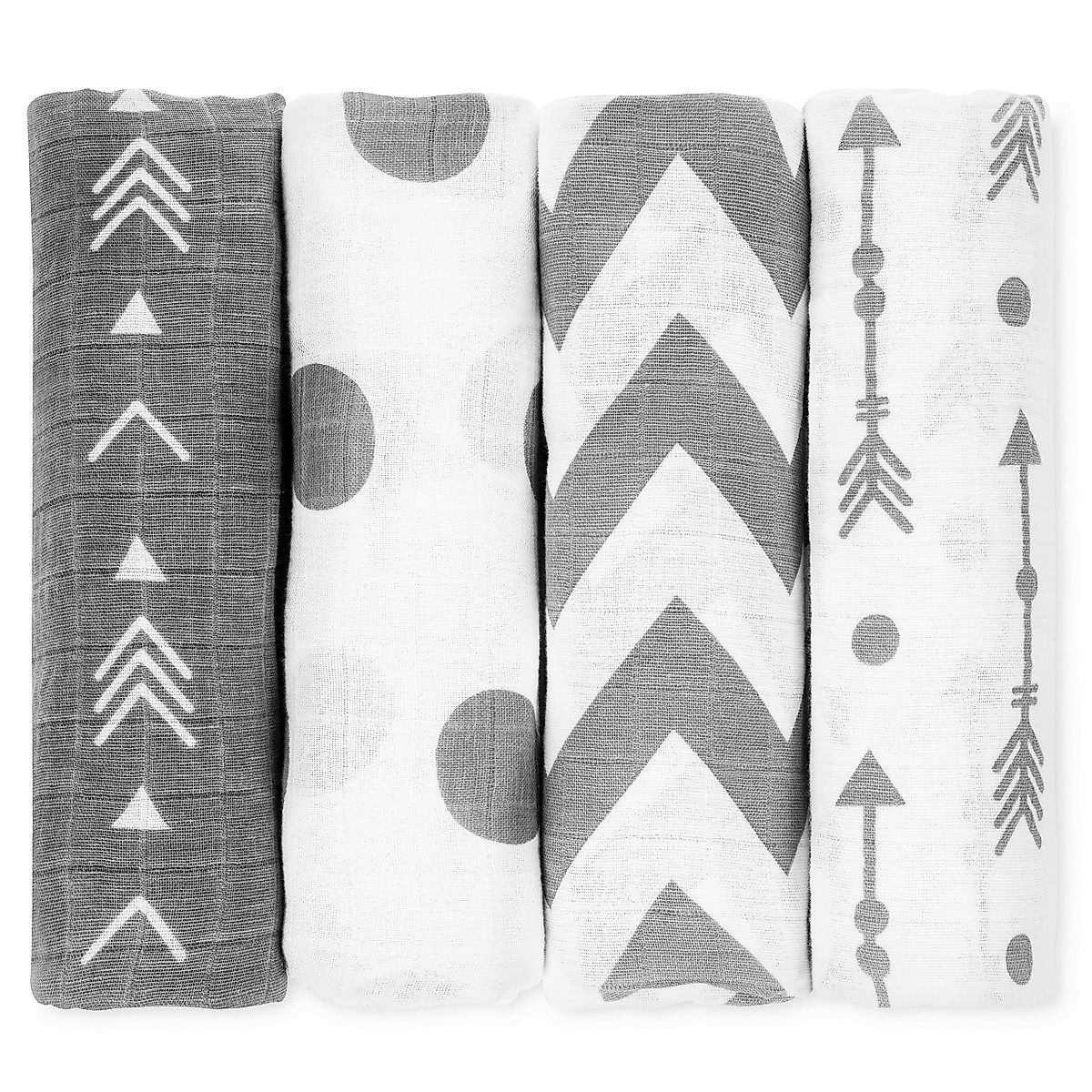 Momo Bebe Muslin Baby Swaddle Blankets - 4 Pack Large 47x47 inch Cotton Swaddles - White Grey Chevron Polka Dot Arrow - Soft Breathable Comfortable Durable - Nursery Shower Gift Set Unisex Neutral