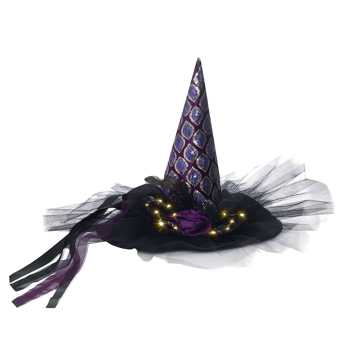 QinYing Purple Halloween Costume Witch Hats for Women Steeple Top with LED Lights for Party Purple