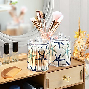 ALAZA Bathroom Canister Set of 2, Beach Coastal Starfish Navy Blue and Turquoise Plastic Jars Holder Dispense Qtip Holder Storage Jars with Lids,Home Decor