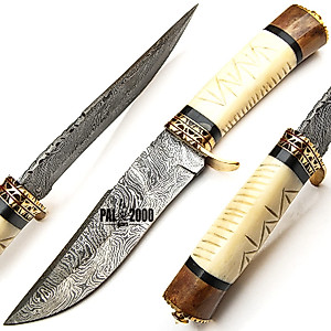PAL 2000 KNIVES BOW-9482 Handmade Damascus Steel Fixed Blade Hunting Knife Camel Bone Handle with Sheath
