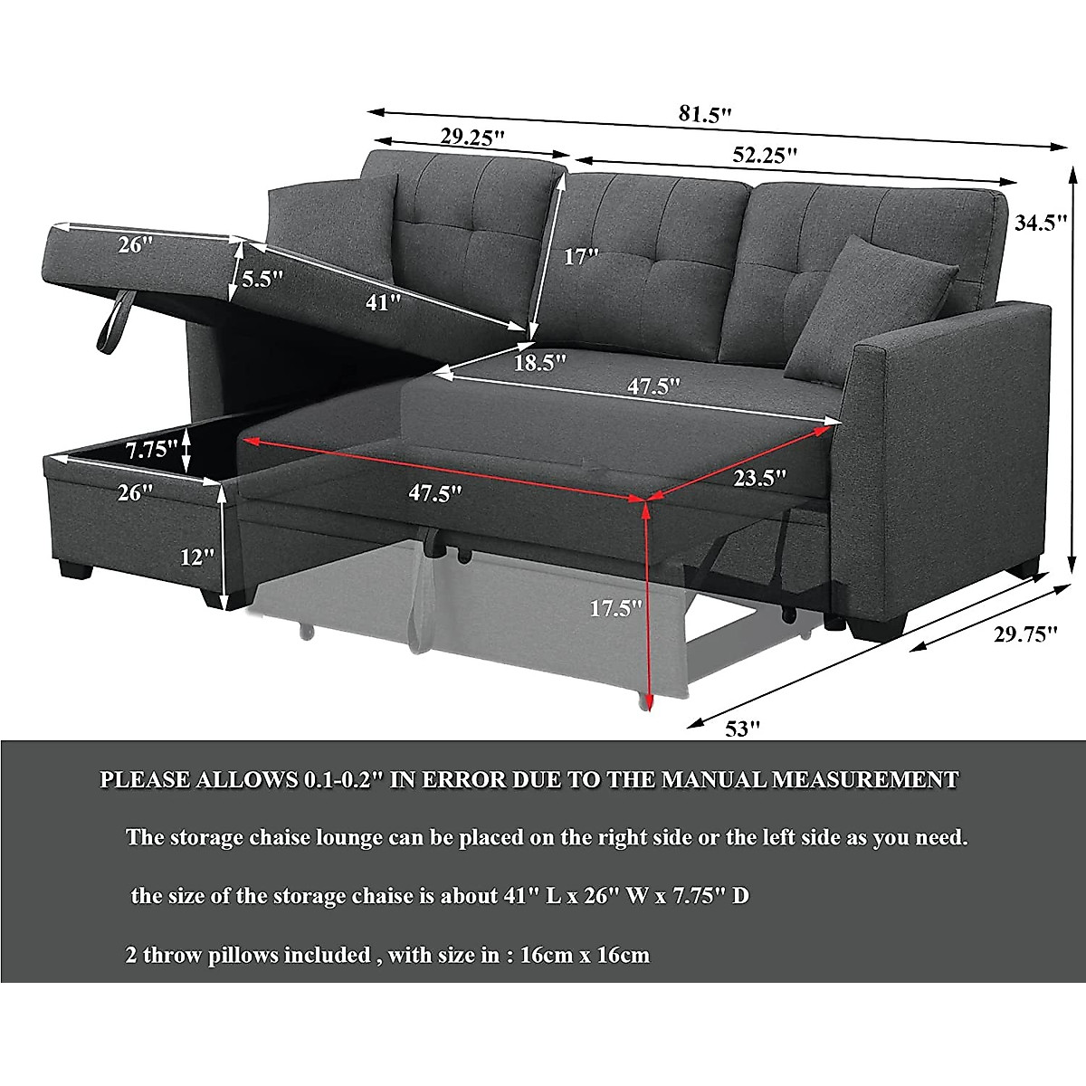 Sleeper Sofa, Sofa Bed for Living Room Grey Small Sleeper Sectional Pull Out Bed Couch