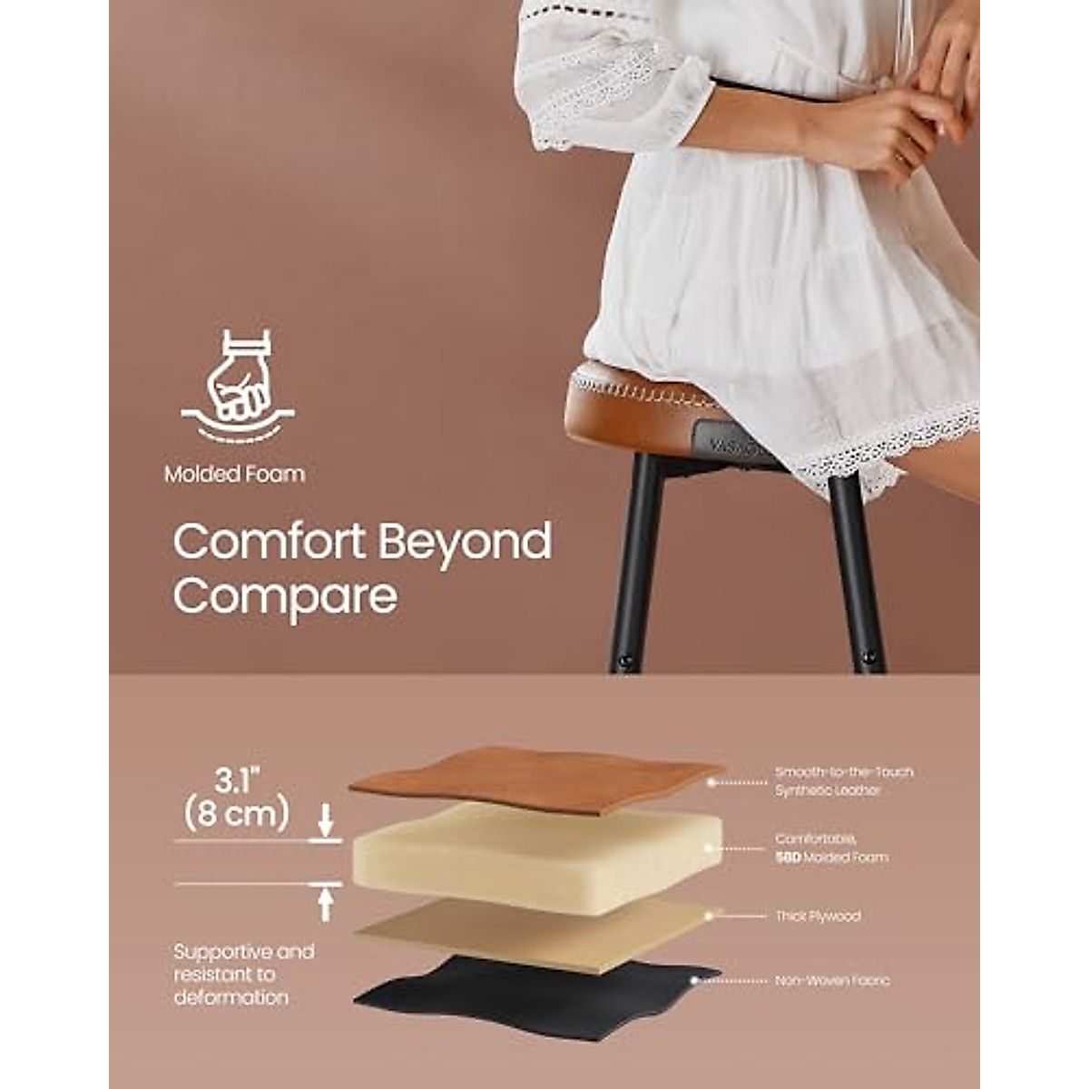 VASAGLE EKHO Collection - Bar Stools Set of 2, Bar Height Bar Stools, Kitchen Counter Stools, Mid-Century Modern Backless Counter Stools, 30-Inch Tall, Kitchen Island Home Bar, Caramel Brown