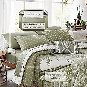 Geniospin Full Comforter Set, Olive Green Boho Aztec Comforter Set 8 Pieces, All Season Reversible Bed in A Bag, Soft Microfiber Fill Bedding, Lightweight, Warm and Breathable (Full, 80"x90")