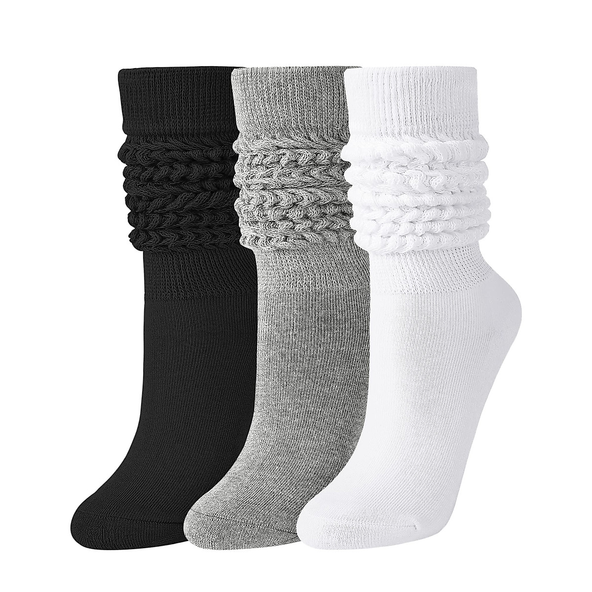 JOCMIC 3 Pairs Slouch Socks Women Extra Long Knee High Scrunch Socks Size 6-11 Black+White+Grey