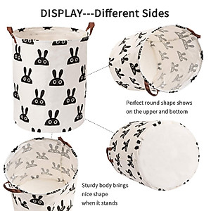 Large Sized Storage Basket, 19.6" Waterproof Canvas Storage Bin with Handles, Round Collapsible Organizer Kids Laundry Hamper for Nursery Clothes Toys - Rabbit