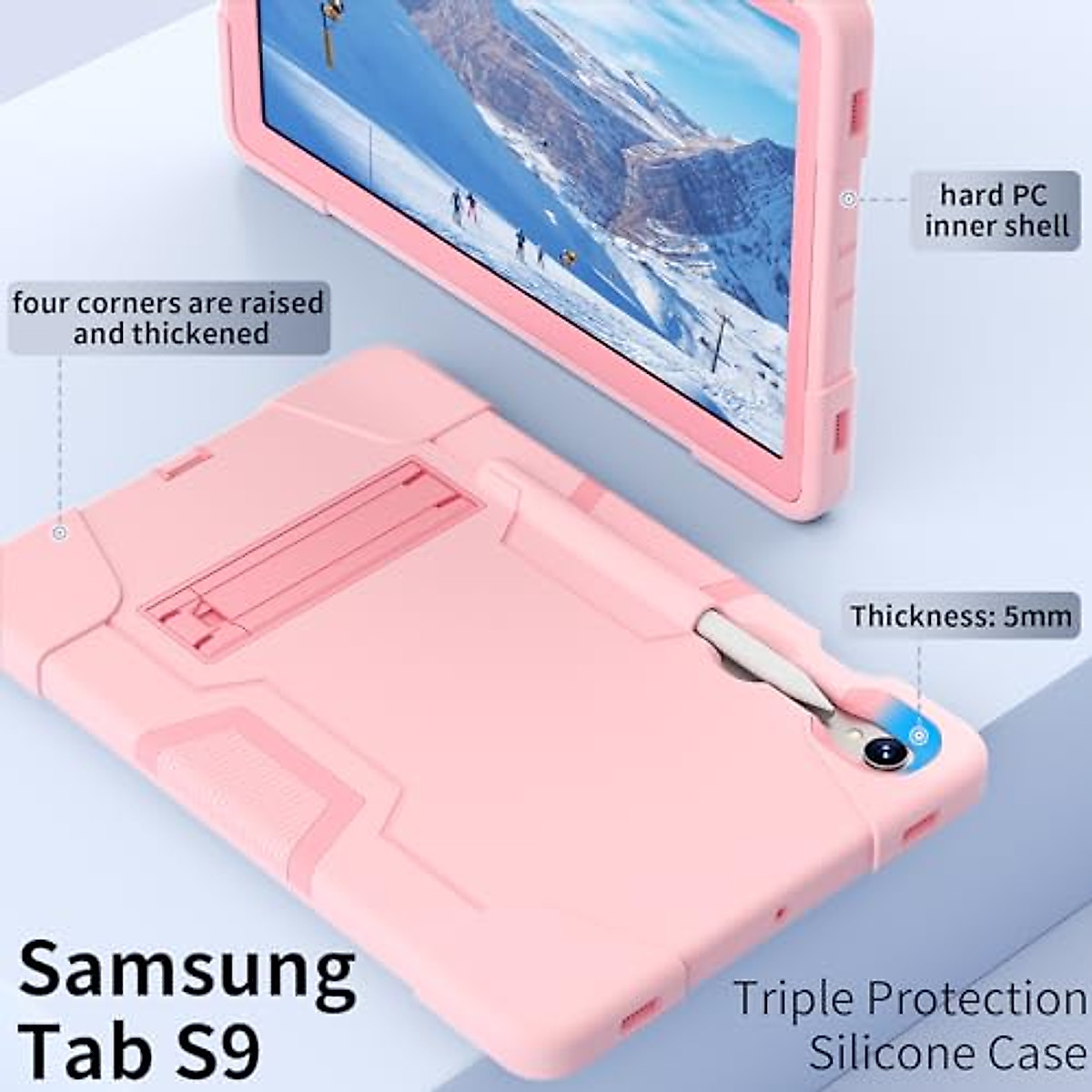 Kezigud Shockproof Kickstand Case for Galaxy Tab S9 11''/S9 FE 10.9'', Heavy Duty Hybrid Rugged Three Layer Soft Silicone+Hard PC with S-Pen Holder Cover for Samsung Tab S9/S9 FE 2023(Rose Gold)