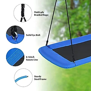 Goplus 700LBS 60 Inch Giant Platform Tree Swing for Kids and Adults, Indoor Outdoor Adjustable Rectangle Swing w/ 2 Hanging Straps & Steel Frame, Waterproof Swing Set for Porch Backyard (Navy Blue)