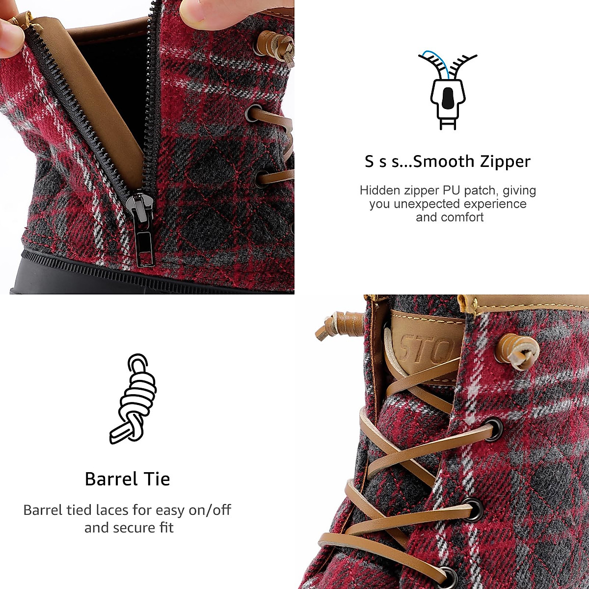 STQ Duck Boots Women Side Zipper Lace Up Insulated Waterproof Winter Ankle Snow Booties MULTI/PLAID 6 US