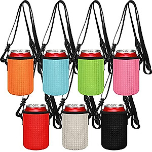 Dingion 7 Pieces 12oz Standard Can Sleeves with Shoulder Strap Covers Slim Insulated Beer Holder Non Slip Neoprene Colored Thermocoolers Insulators for Drink Beverage Cup, Colors