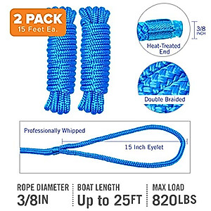Dock Lines Boat Ropes for Docking 3/8" Line Double Braided Mooring Marine Rope 15FT Nylon Rope Boat Dock Line for Docking Ropes for Boats with Loop Boating Rope Braided 15' Feet Ties Blue 2 Pack