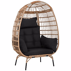 PIKAQTOP Egg Chair, Oversized Indoor Outdoor Lounger Chair for Patio, Backyard, Living Room w/ 4 Cushions and Stand, Steel Frame, 350lb Capacity, Black