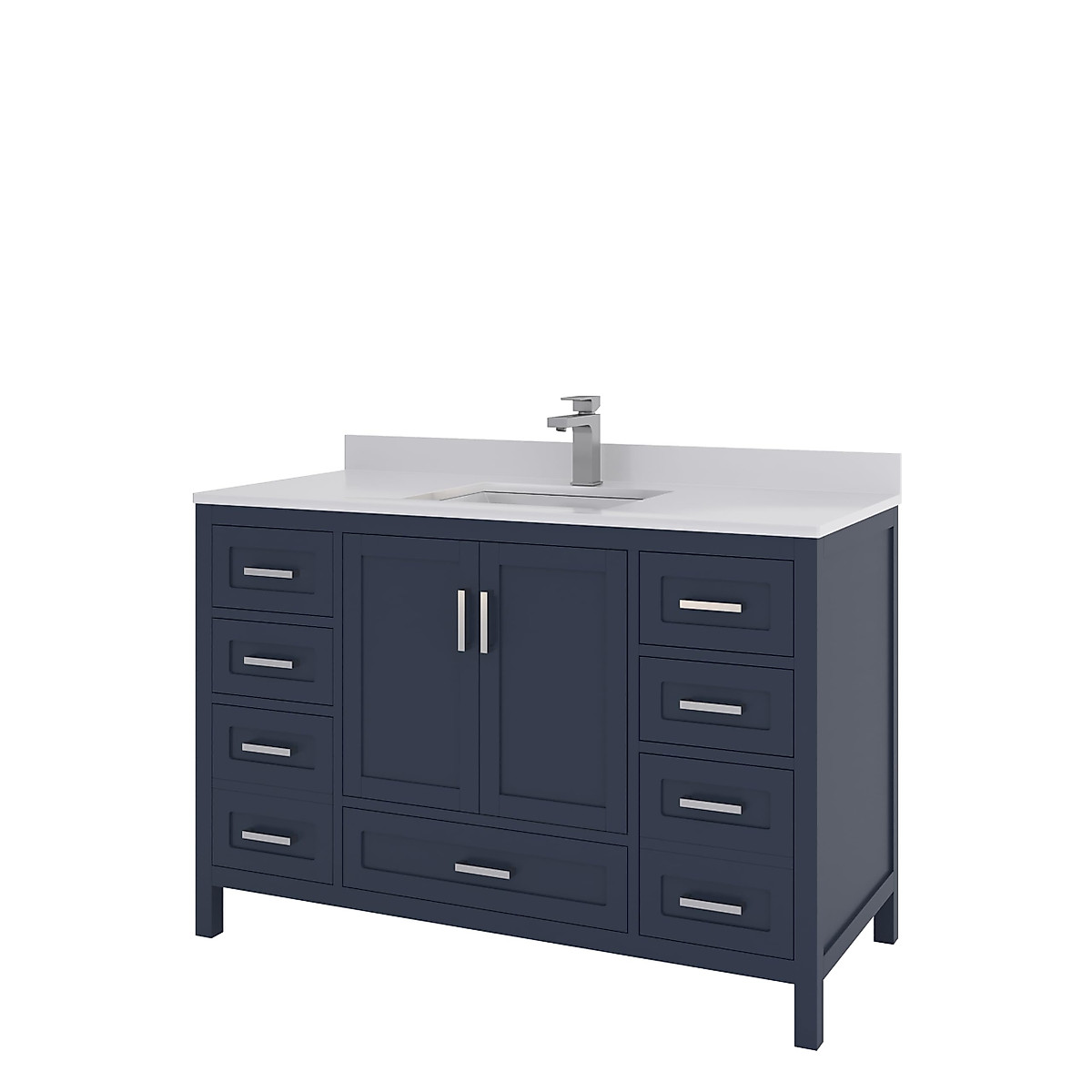 Ayna Decors Rooh 48 Inch Navy Blue Bathroom Vanity with Sink, Quartz Countertop, 2 Soft Closing Doors, and 7 Full Extension Drawers, Brushed Nickel Hardware