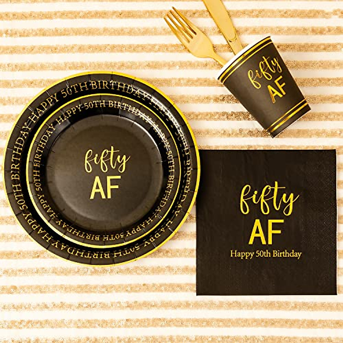 Crisky Black Gold Fifty Birthday Napkins Plates Cups Set for 50th Birthday Party Decorations Supplies, Disposable Tableware Set of 24 (9" Plates, 7" Plates, Luncheon Napkins, 9oz Cups)