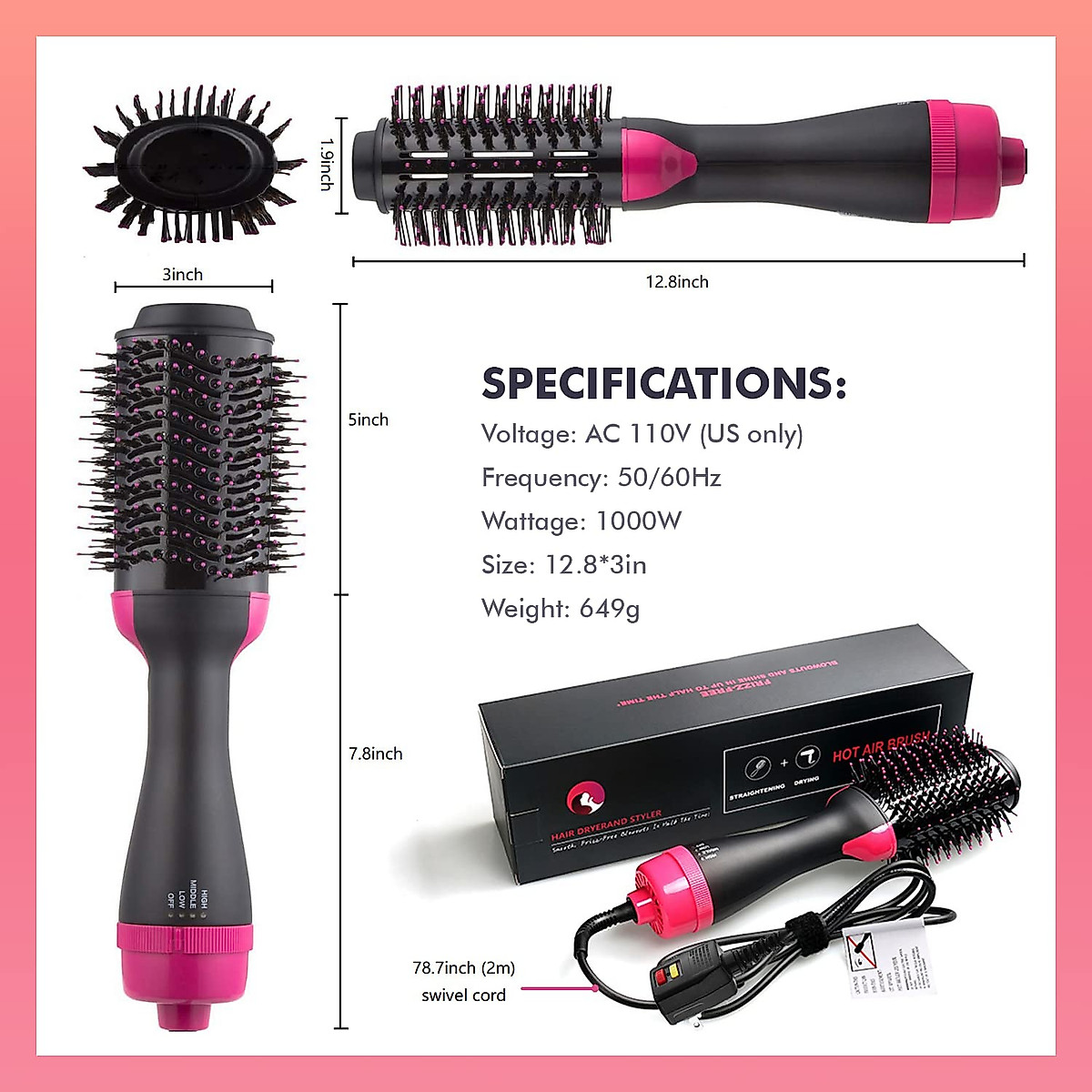 Blow Dryer and Styler Brush - Multi-function Hot Air Volumizer with Negative Ion Anti-Frizz, Ceramic Titanium 75 MM Oval Barrel
