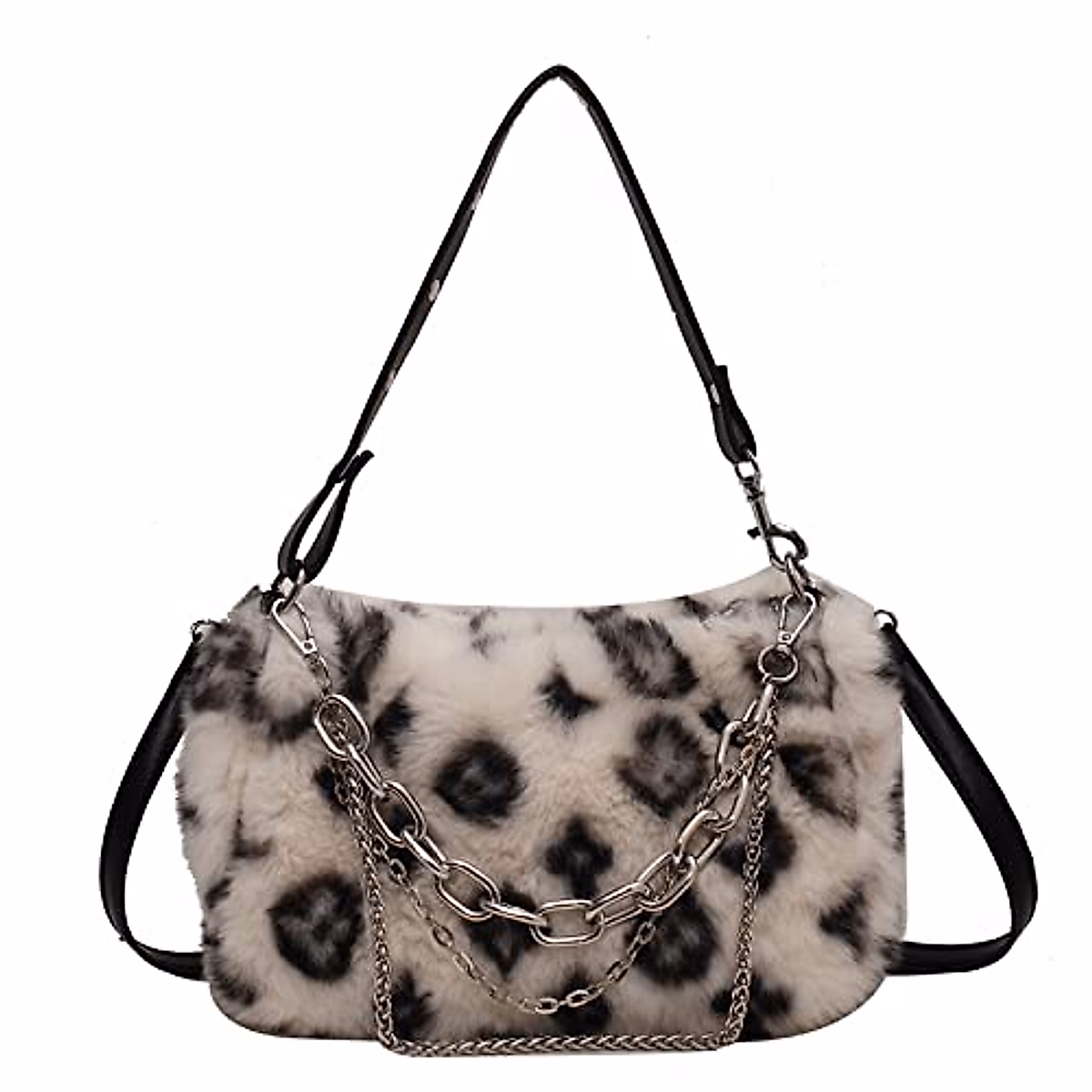 2022 New Leopard Print Plush Shoulder Cross-body Bag Fashion Chain One-shoulder Armpit Tote Y2K Purse Hobo Bag (Beige)