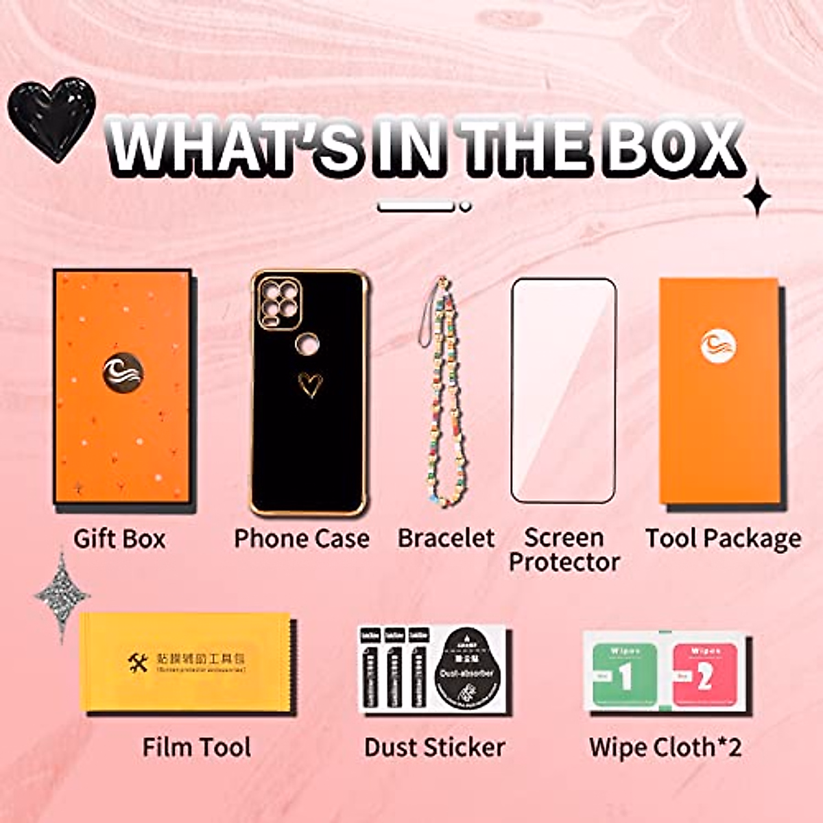 Buleens for Motorola Moto G Stylus 2021 Case for Women Girls, (3 in 1) Cute Hearts Pattern Aesthetic Phone Cases for Moto G Stylus 2021 6.8'', Classy Gold Paint Soft TPU Anti-Drop Cover(Black)