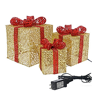 Sunnyglade 10”-8”-6” Set of 3 Christmas Lighted Gift Boxes with Plug for Christmas Decor, Weddings Yard Home Holiday Art Decorations (Gold)