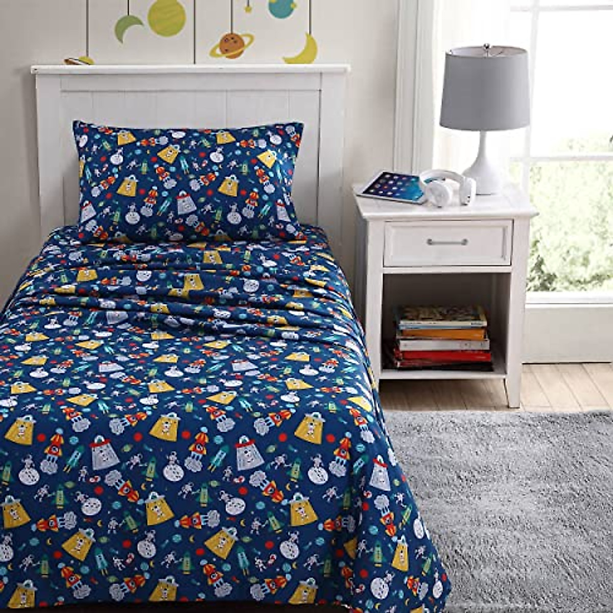 Poppy & Fritz Kids Twin Sheet Set, Stain Resistant Toddler Bedding, Soft & Cozy - Space Kids Blue