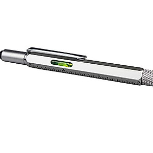 DUNBONG Metal Multi tool Pen 6-in-1 Stylus Pen - With Screwdriver, Ballpoint Pen Black ink, Stylus pen, Level and Ruler, 1-Count (Silver)