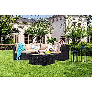 NATURAL EXPRESSIONS 5 Piece Wicker Patio Sectional Furniture Sets Outdoor Sofa Rattan Couch,All Weather Conversation Set with Tempered Glass Coffee Table and Cushions,Deck, Poolside,Backyard Porch