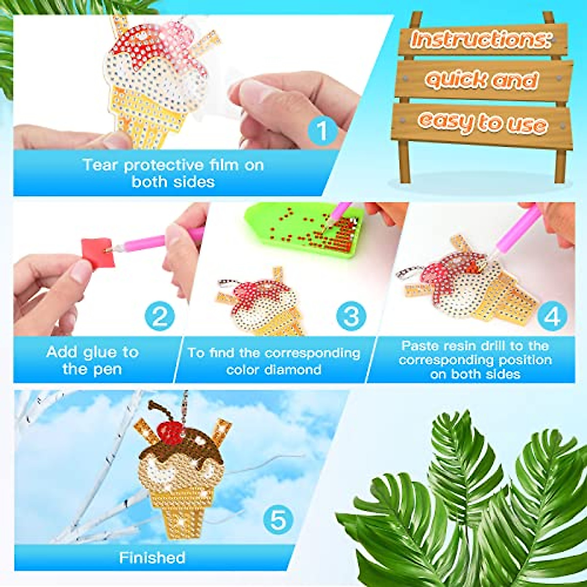 12 Pcs Diamond Painting Keychain Kits Double Sided Diamond Painting Key Rings Full Diamond Art Keychain Summer DIY Diamond Art Ornaments for Adults Kids Purse Backpack Handbag(Cocktail, Ice Cream)