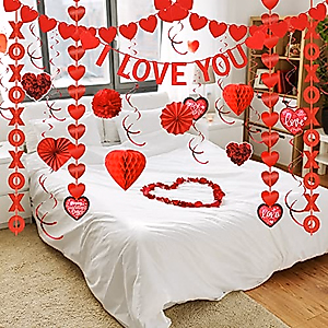 30 Pieces Valentine's Day Decoration Kit I Love You Red Heart XOXO Garland Banner Heart Swirls Tissue Paper Fan Pom Hanging Decor for Home Hotel Engagement Wedding Valentines Party Supplies Set