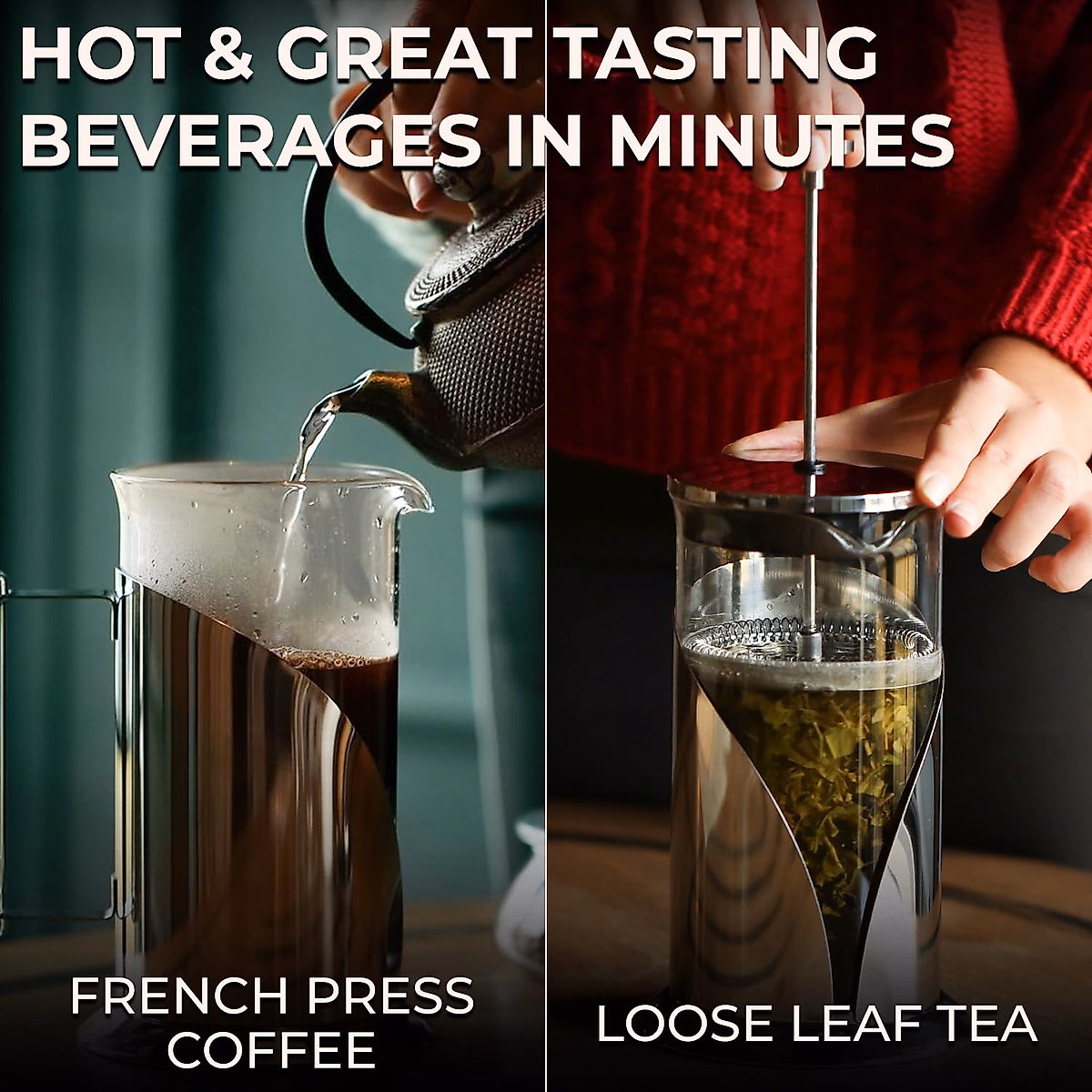 Cafe Du Chateau French Press Coffee Maker - Heat Resistant Glass with 4 Level Filtration System, Stainless Steel Housing - Brews Coffee and Tea - Large 34 Oz Carafe Coffee Presser