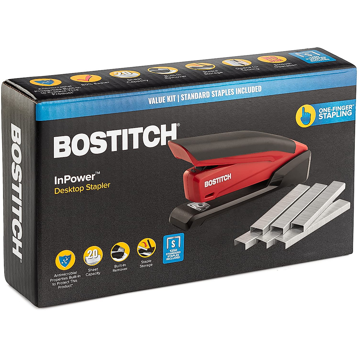 Bostitch Stapler with Staples - InPower Red Stapler - Spring Powered Stapler with 1260 Staples - Built-in Staple Remover - Staple Storage Compartment - One Touch Heavy Duty Staplers for Desk