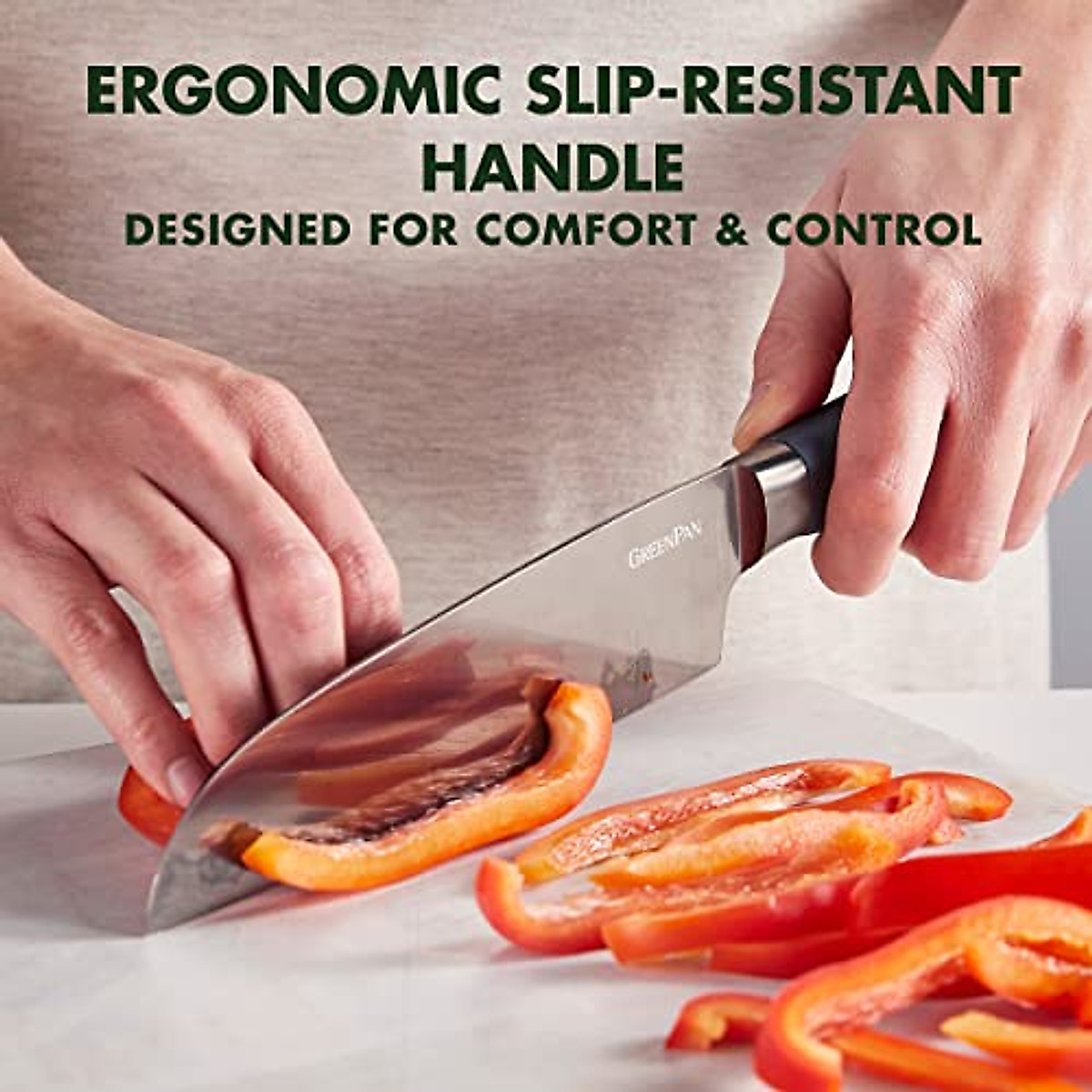 GreenPan Titanium 7" Santoku Knife, Titanium Coated, Stainless Steel, Eco-friendly, Ergonomic Grip, Slip Resistant, Balanced, Heat Treated, Hand Sharpened, Dishwasher Safe