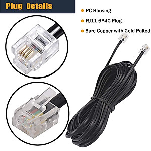 15FT Telephone Extension Cord Cable, Landline Phone Line Wire with RJ11 6P4C Plugs, Includes Cable Clips - Black - 2 Pack