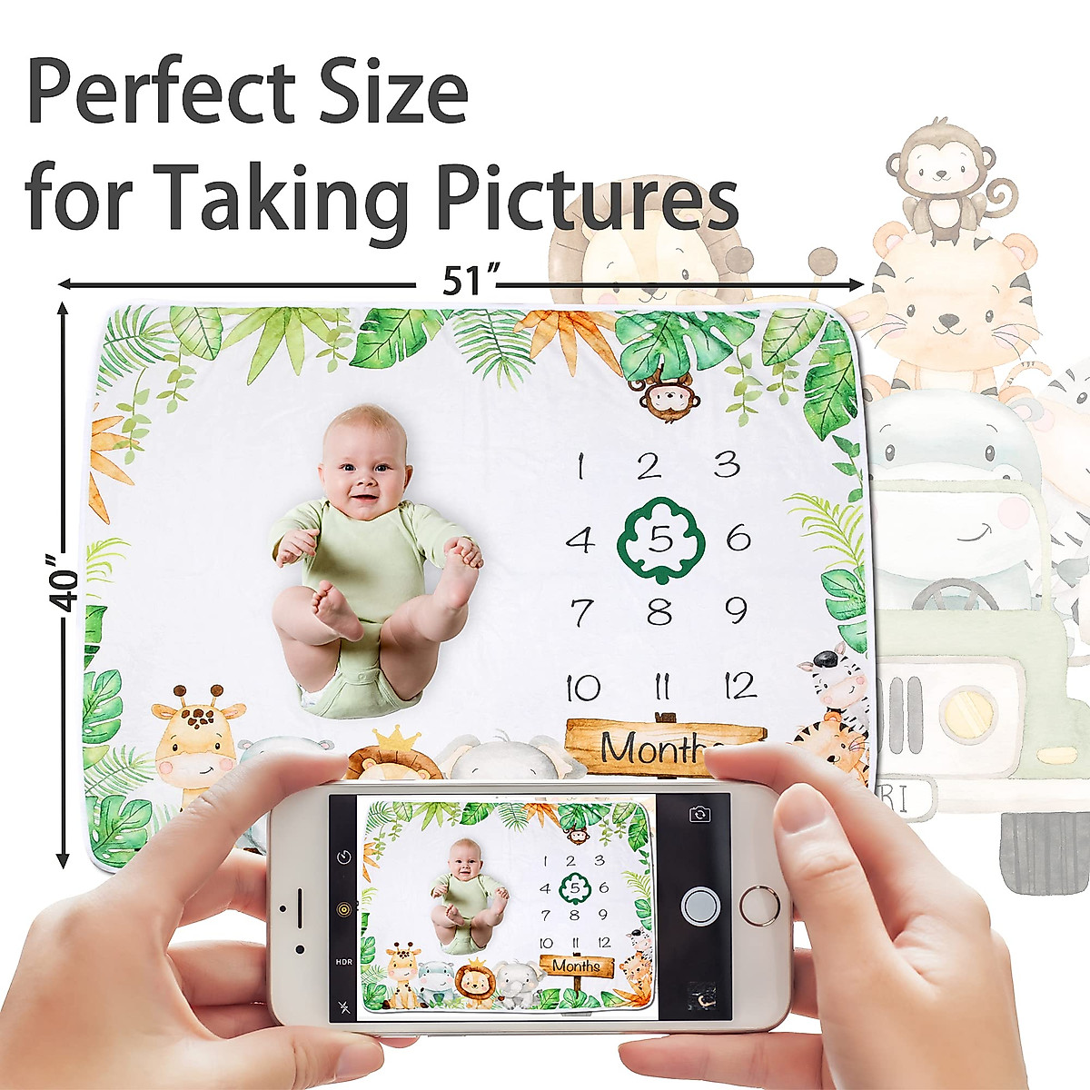 Baby Monthly Milestone Blanket Boy or Girl | Safari Jungle Animals Months Blanket | Gender Neutral Photo Blanket for Newborn Baby | Super Soft Premium Fleece | Bib+Marker 40"x50"