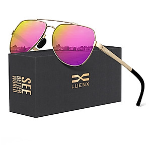 LUENX Women Aviator Sunglasses Polarized Shades Flexible Spring Hinge - Rose red Mirror Lens Rose Gold Metal Frame 60mm