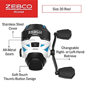 Zebco Roam Spincast Fishing Reel, Size 30 Reel, Changeable Right or Left-Hand Retrieve, Pre-Spooled with 10-Pound Zebco Fishing Line, Stainless Steel Front Cover, Blue