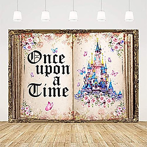 AIBIIN 7x5ft Once Upon a Time Backdrop Fairy Tale Books Castle Pink Floral Princess Romantic Story Old Opening Book Photo Background Wedding Baby Shower Birthday Party Decorations Banner Photo Props