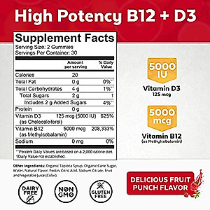 Vitamin B12 5000mcg and Vitamin D3 5000 IU Gummies, 60 Count | Delicious Fruit Punch Flavor, Vitamin D and Methyl B12 Vitamins for Energy and Immune Support