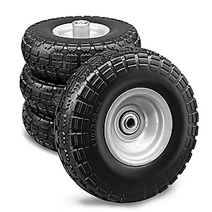 4 Pcs 10" Flat Free Tires Solid Pneumatic Tires Wheels, 4.10/3.50-4 Air Less Tires with 5/8" Center Bearings, for Wheelbarrow/Dolly/Garden Wagon Carts/Hand Truck/Wheel Barrel/Lawn Mower, 4 Pack