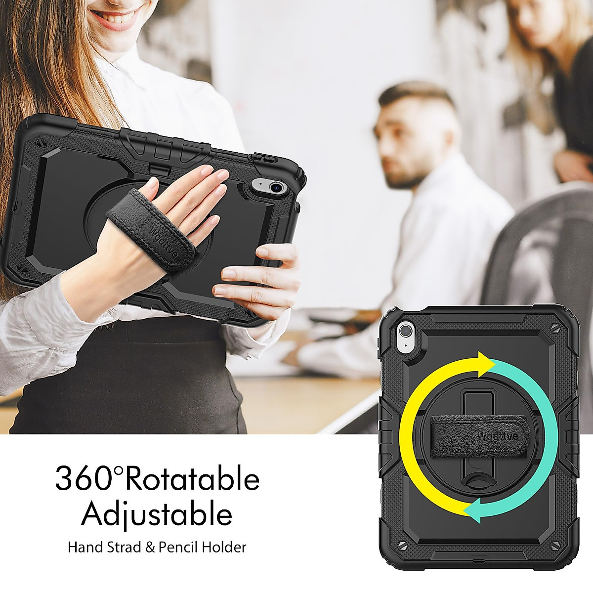 Wgdttve iPad 10th Generation (10.9 inch 2022) Case, Built-in Screen Protector,Shockproof with Pencil Holder 360° Rotating Hand Strap&Stand Shoulder Strap,Case for iPad 10.9 inch Tablet Cover (Black)