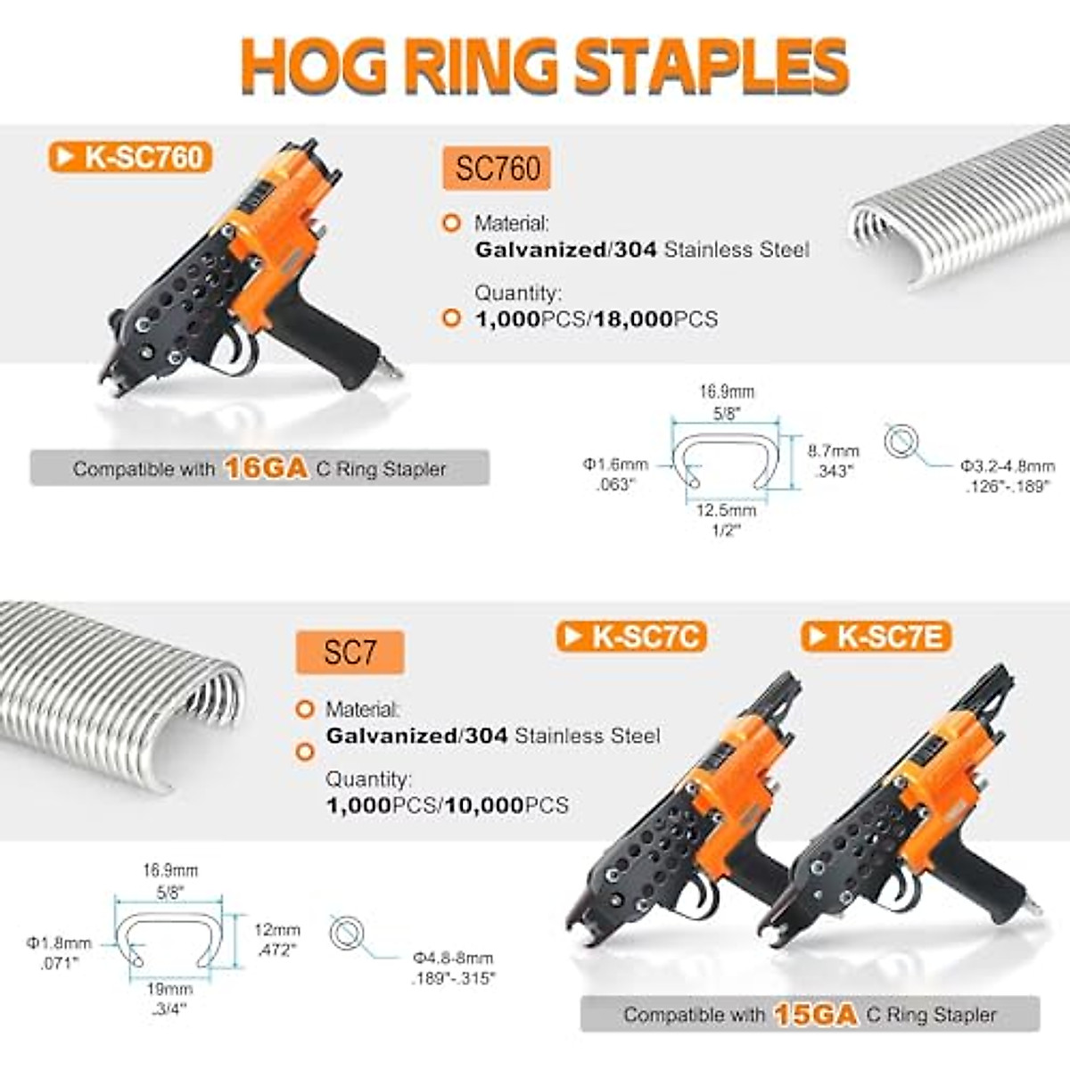Kamsin 16 Gauge C-Type Hog Ring Staples, 1,000 PCS, Galvanized Steel, 1/2" (12.5mm) Inner Crown, 5/8" (16.9mm) Outside Crown for Pneumatic Hog Ring Gun in Cages Building or Fastening