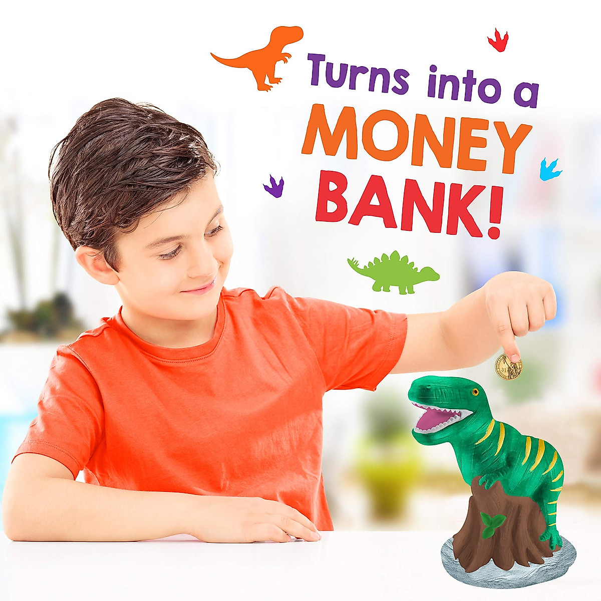 Original Stationery Paint Your Own Dinosaur Money Bank, Awesome Craft Kit with 13 Paint Colors, Roarsome Crafts for Kids and Fun Birthday Gift Idea
