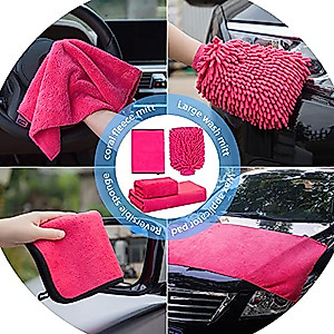 AUTODECO 24Pcs Car Wash Cleaning Tools Kit Car Detailing Set with Canvas Bag Pink Collapsible Bucket Larger Wash Mitt Towels Tire Brush Extendable Window Scraper Complete Interior Car Care Kit