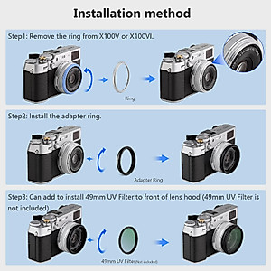 Haoge Lens Filter Adapter Ring for Fujifilm X100VI Fuji FinePix X100V Camera fit 49mm UV CPL ND Filter Lens Cap Replace Fujifilm AR-X100 Black