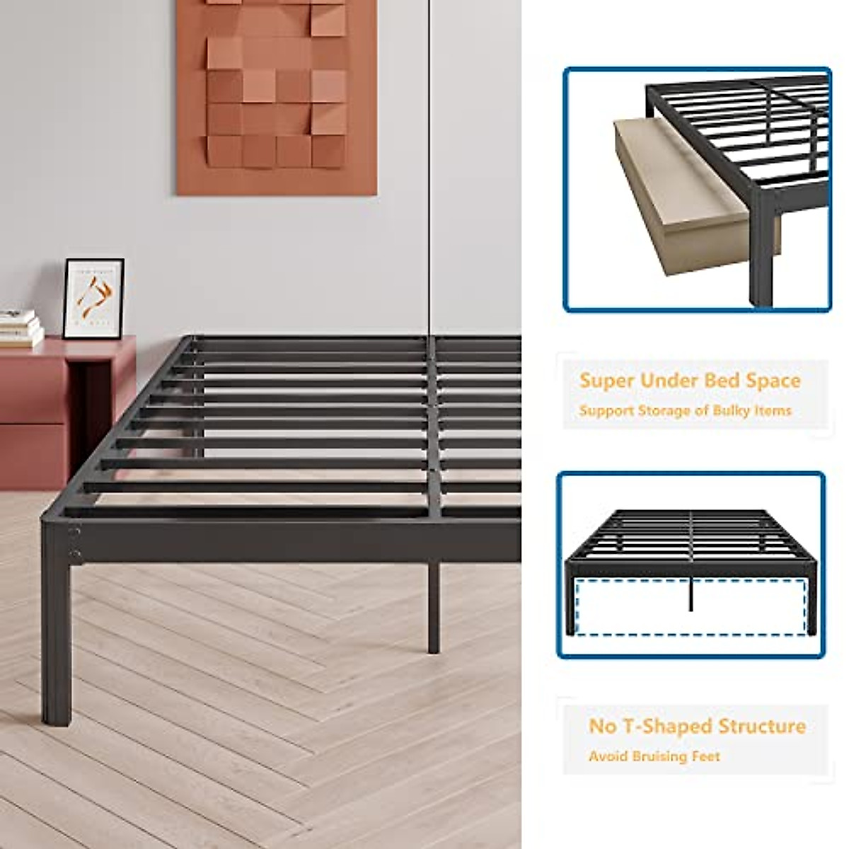 COMASACH California-King Bed-Frame with Round Corner and Cylinder Shaped Leg, 3500 lbs Non Slip Metal Platform Bed Frames No Box Spring Needed, 14 inch Noise Free Mattress-Foundation, Black