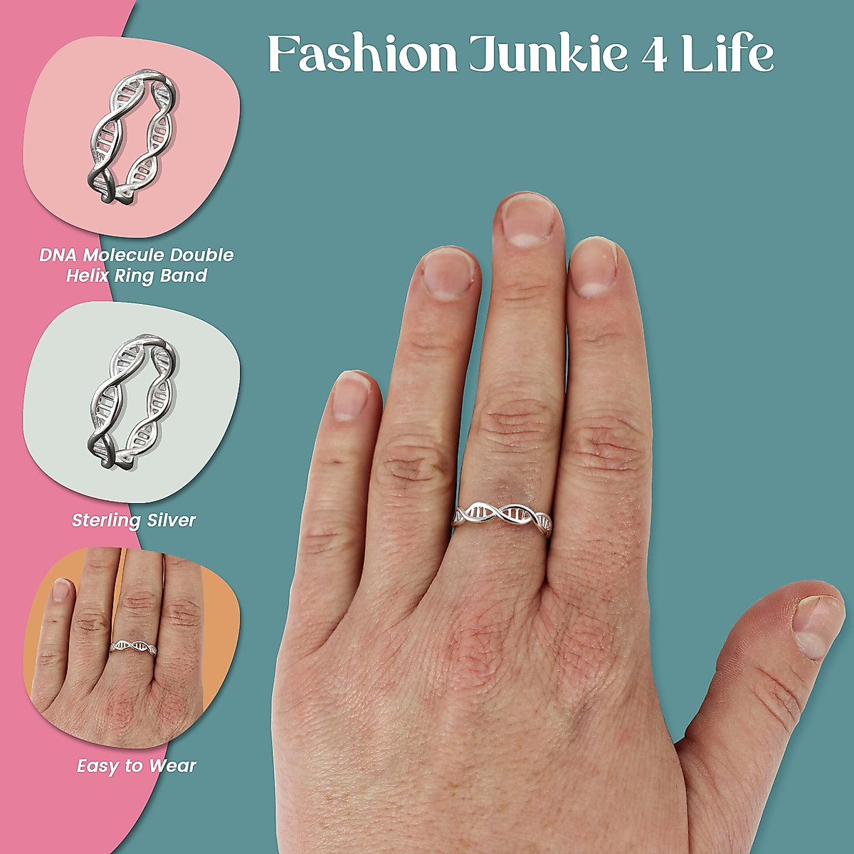 FashionJunkie4Life Sterling Silver DNA Molecule Double Helix Ring Band, Sizes 6-10, Science (6)