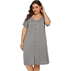 Ekouaer Women's Nightshirt Short Sleeve Button Down Nightgown V-Neck Sleepwear Pajama Dress, Grey, Large