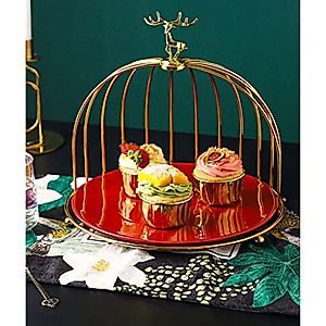 XENITE Dessert Bird Cage Cake Stand for Dessert Table Gold Metal Cosmetics Dessert Display Holder W/Ceramic Tray & Elk Top for Celebrations Home Decorations Fruit Plate