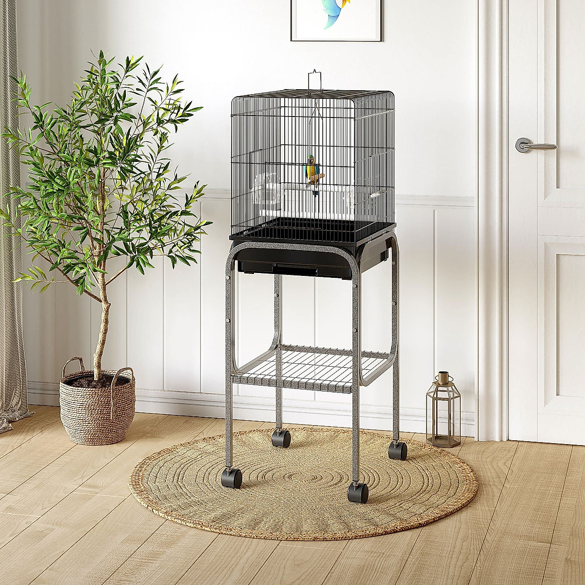 Pawhut 45-inch Metal Indoor Bird Cage, Parrot Cage, Bird Aviary with Detachable Rolling Stand, Storage Basket, and Accessories - Black