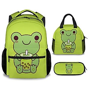 COOPASIA Frog Backpack with Lunch Box and Pencil Case, 16 Inch Frog Theme Bookbag with Adjustable Straps, Durable, Lightweight, Large Capacity, School Backpack for Girls Women