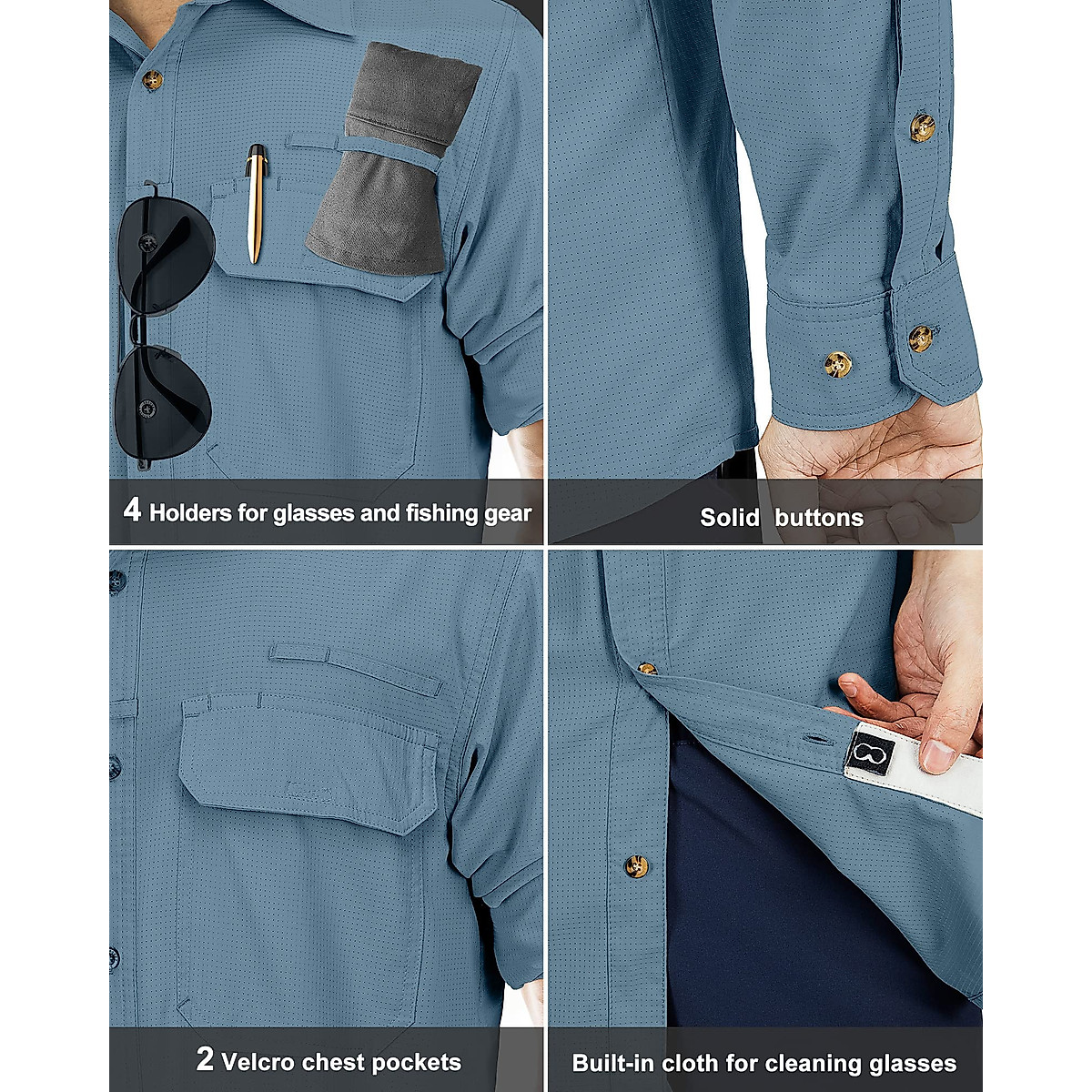 33,000ft Men's Long Sleeve Sun Protection Shirt UPF 50+ UV Quick Dry Cooling Fishing Shirts for Travel Safari Camping Hiking Ocean Blue